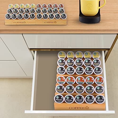 MinBoo Bamboo 2 Pieces Step-Shaped K Cup Holder Drawer or Countertop k cup Organizer Coffee Pod Holder Hold 30 Coffee Pod Storage Kcup coffee pods holder for coffee station Office and Kitchen