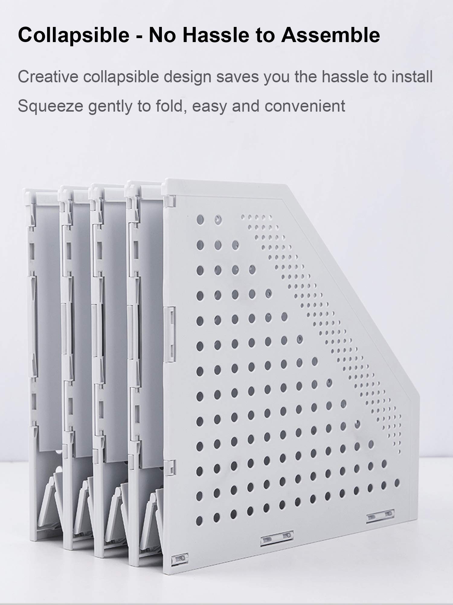 Leven Collapsible Magazine File Holder/Desk Organizer for Office Organization and Storage with 4 Vertical Compartments, Light Grey