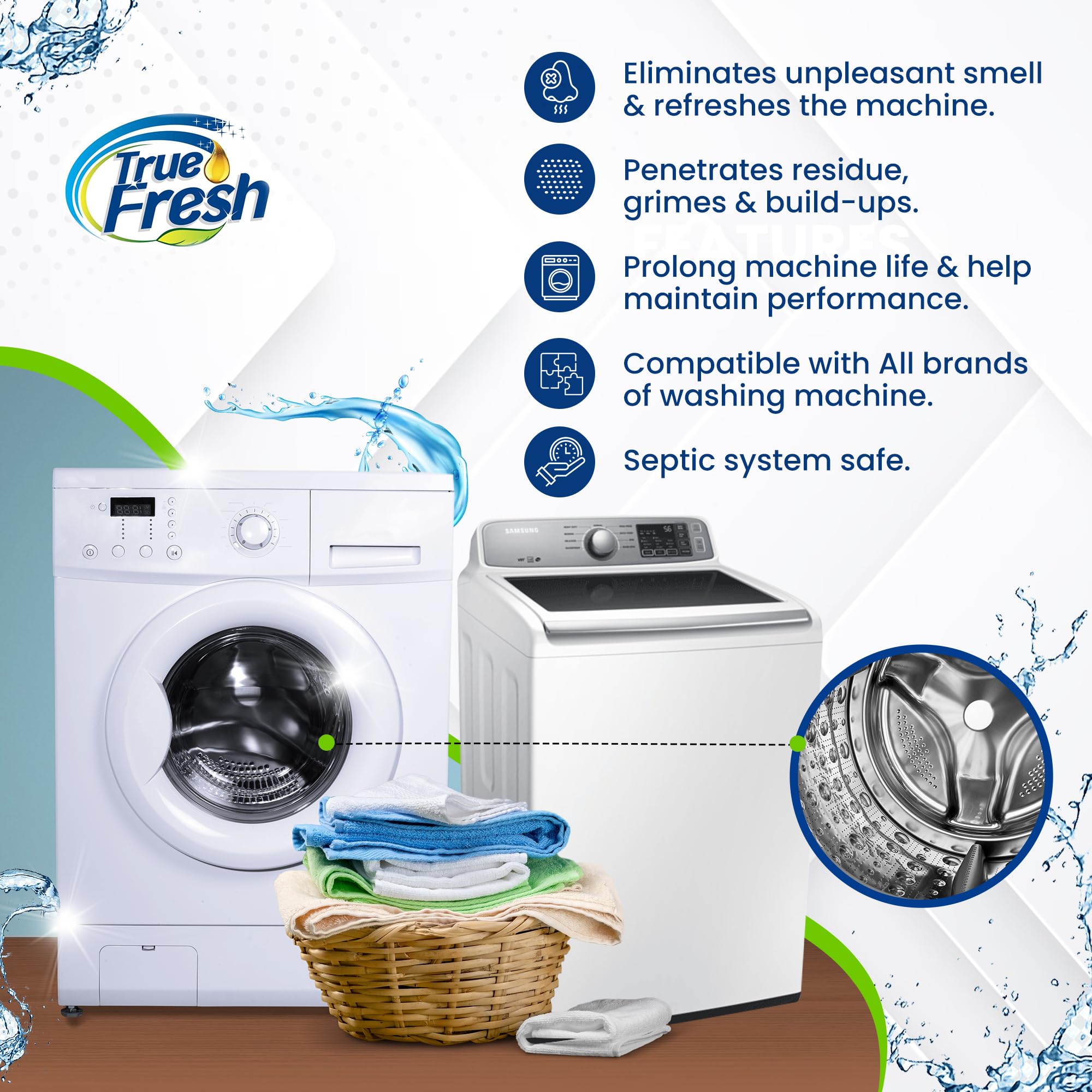 True Fresh Washing Machine Cleaner Tablets, 15 Solid Deep Cleaning Tablet, Finally Clean All Washers Machines Including HE Front Loader Top Load