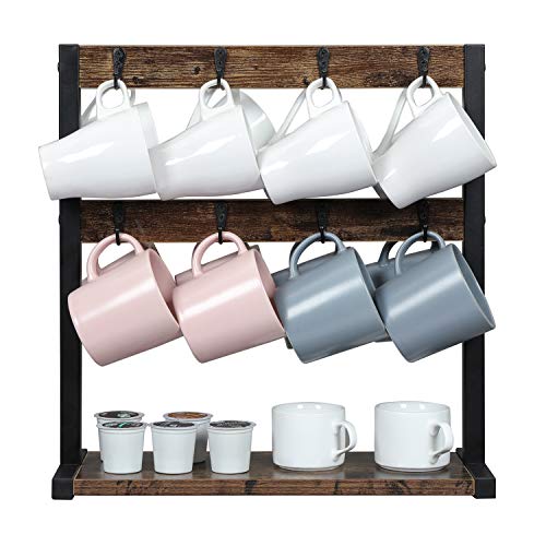 OROPY Vintage Wood Coffee Mug Holder Stand, 2 Tier Countertop Mug Tree Holder Rack for Coffee Mugs Cups, Dark Brown (Double Side,16 Hooks)