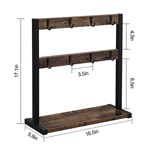 OROPY Vintage Wood Coffee Mug Holder Stand, 2 Tier Countertop Mug Tree Holder Rack for Coffee Mugs Cups, Dark Brown (Double Side,16 Hooks)