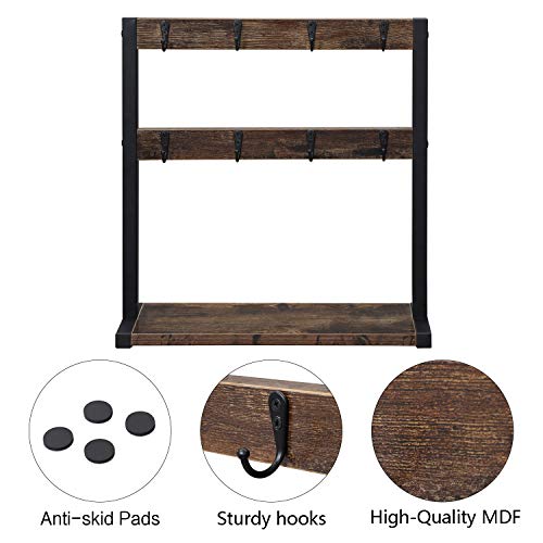 OROPY Vintage Wood Coffee Mug Holder Stand, 2 Tier Countertop Mug Tree Holder Rack for Coffee Mugs Cups, Dark Brown (Double Side,16 Hooks)