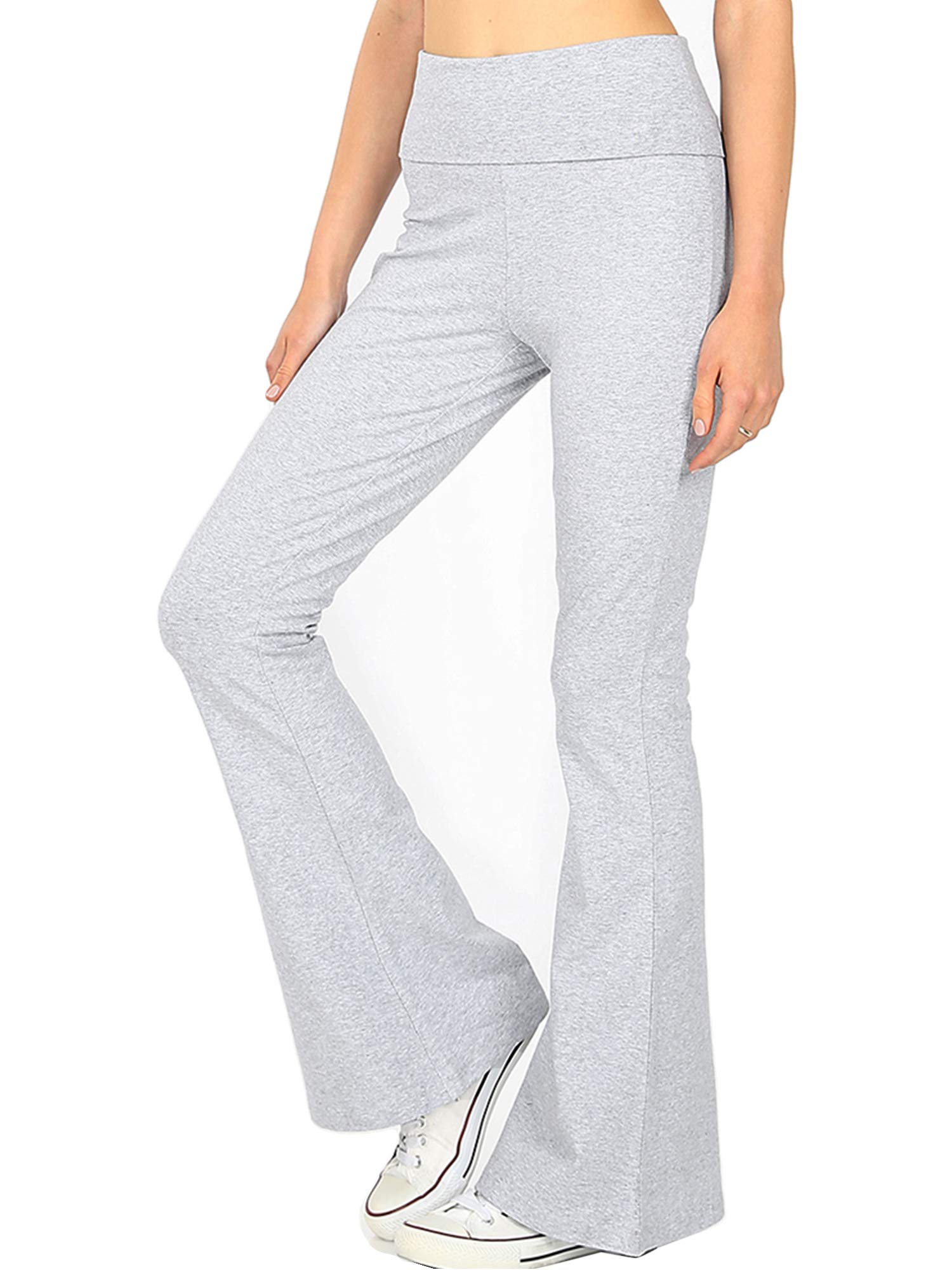 KOGMO Womens Premium Cotton Flared Fold Over Yoga Pants Exercise Pants (S-3X)-L-Heather_Grey