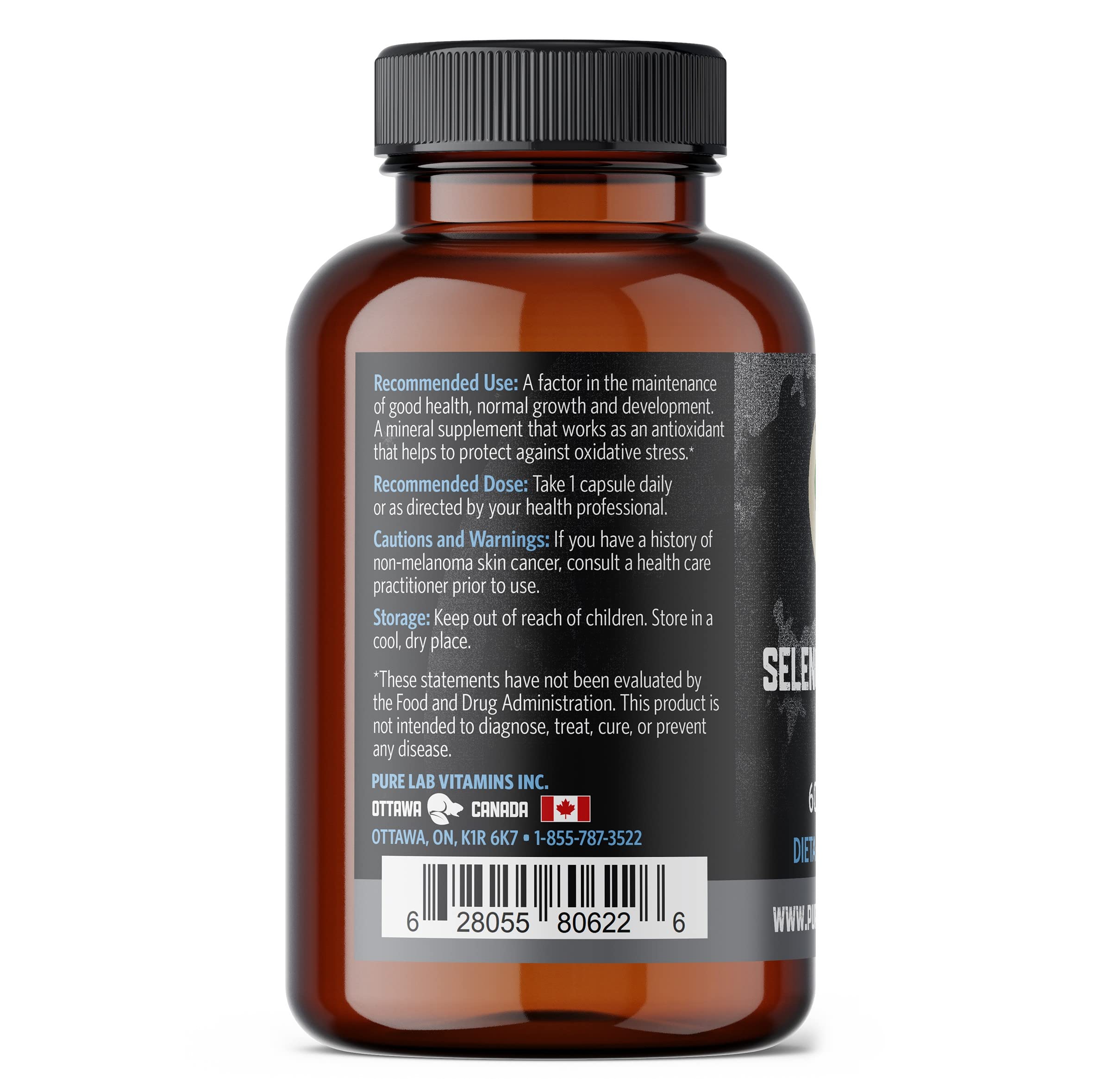 Selenium 200mcg Supplement - Selenomethionine - 60 v-caps by Pure Lab Vitamins - Gluten Free Made in Canada.