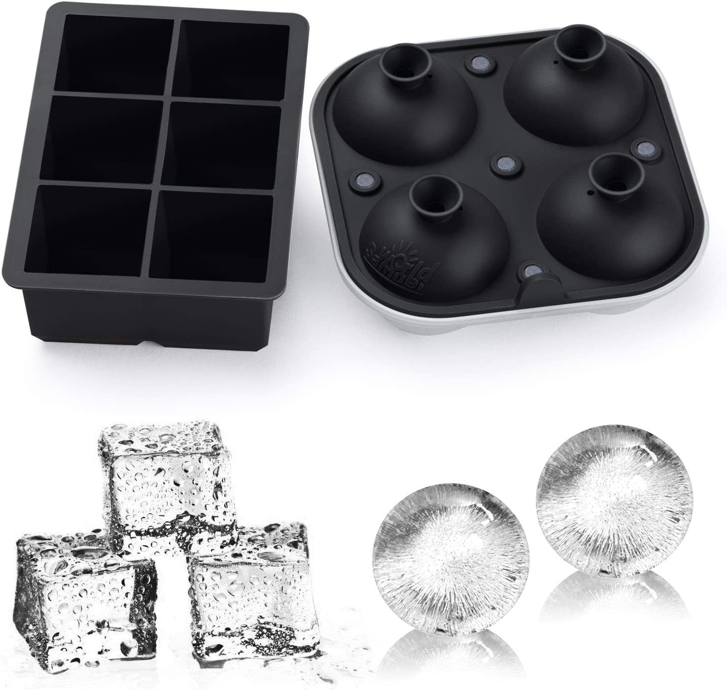 Samuelworld Large Silicone Premium Ice Trays, 2-Pack Combo, 2 Inches Big Ice Cube Tray & 2.5 Inches Large Ice Sphere - BPA Free, Craft Ice Maker for Gifting, Whiskey, Cocktails, Easy Release - Black