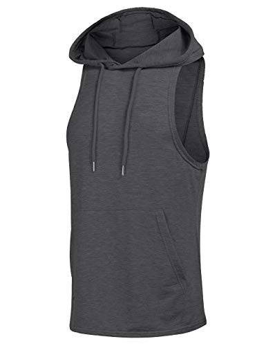 iWoo Mens Workout Hooded Tank Tops Sleeveless Gym Hoodies Shirts Dark Grey S