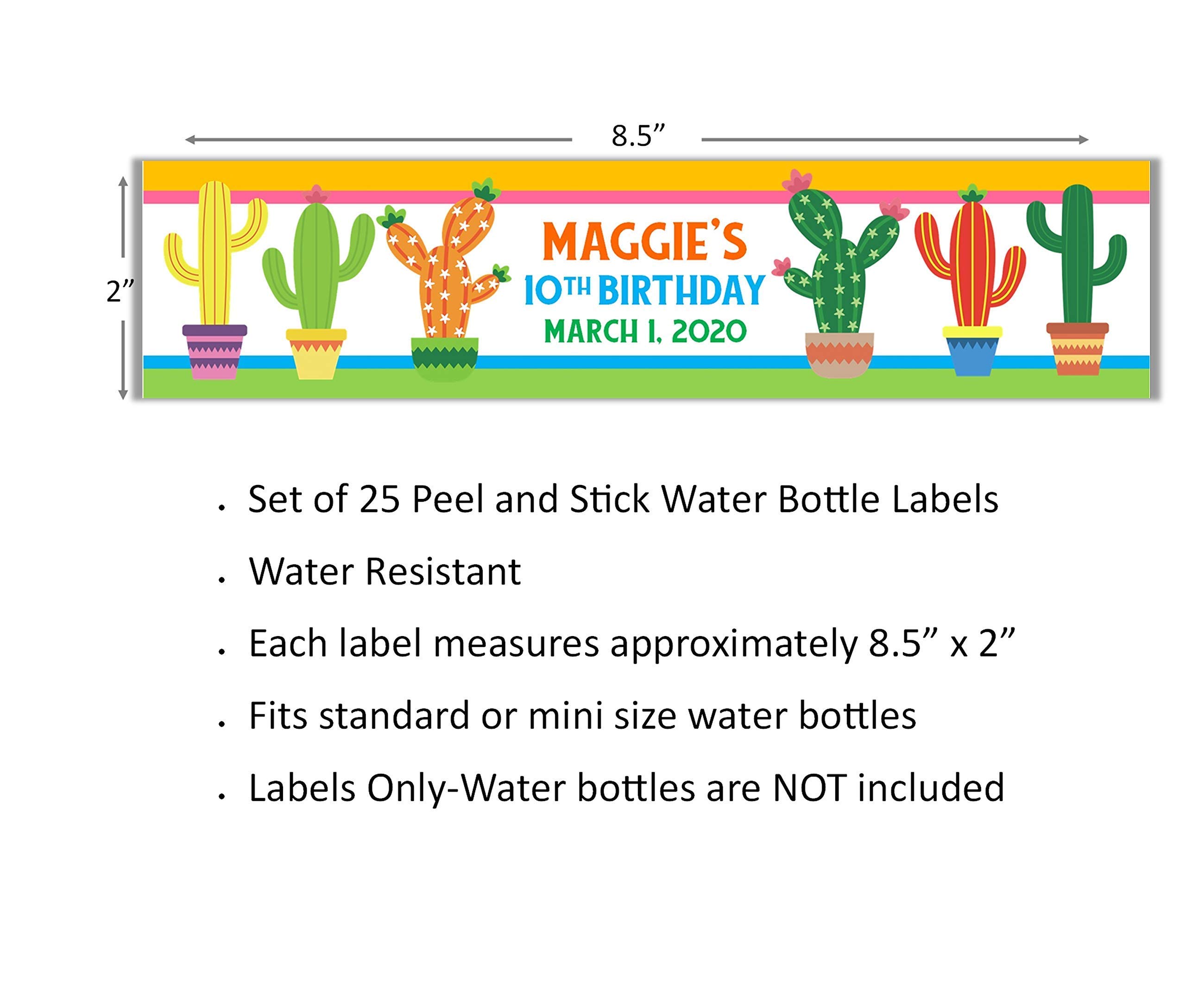 Cactus Water Bottle Labels, Persoanlized Party Favors, Pack of 25 Peel and Stick Waterproof Wrappers