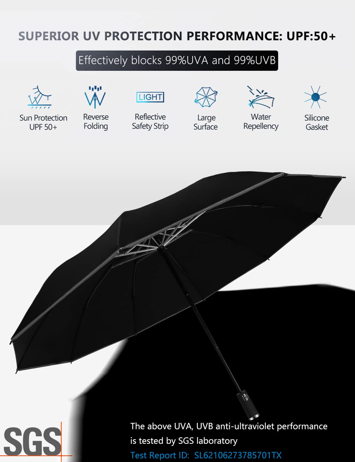 XIXVON UPF 50+ Reverse Folding Umbrella Travel Windproof 99% UV Protection Umbrellas With Reflective Safety Strip Black