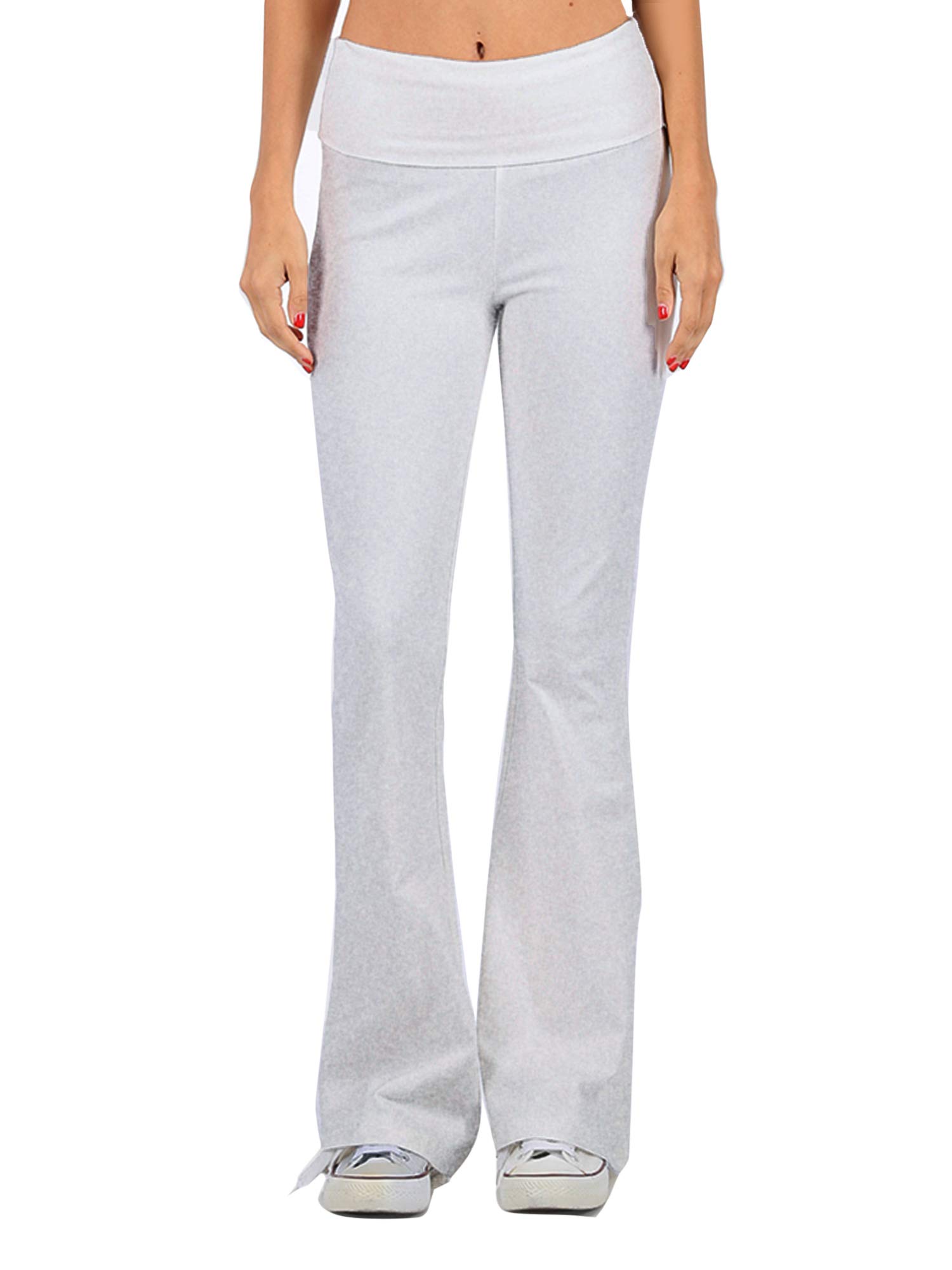 KOGMO Womens Premium Cotton Flared Fold Over Yoga Pants Exercise Pants (S-3X)-L-Heather_Grey