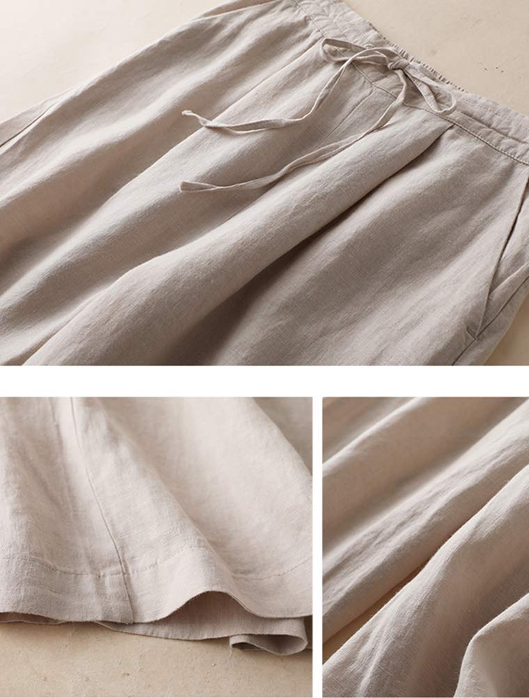 FTCayanz Women's Linen Cropped Wide Leg Pants Elastic Waist Casual Palazzo Trousers with Pockets Beige Medium