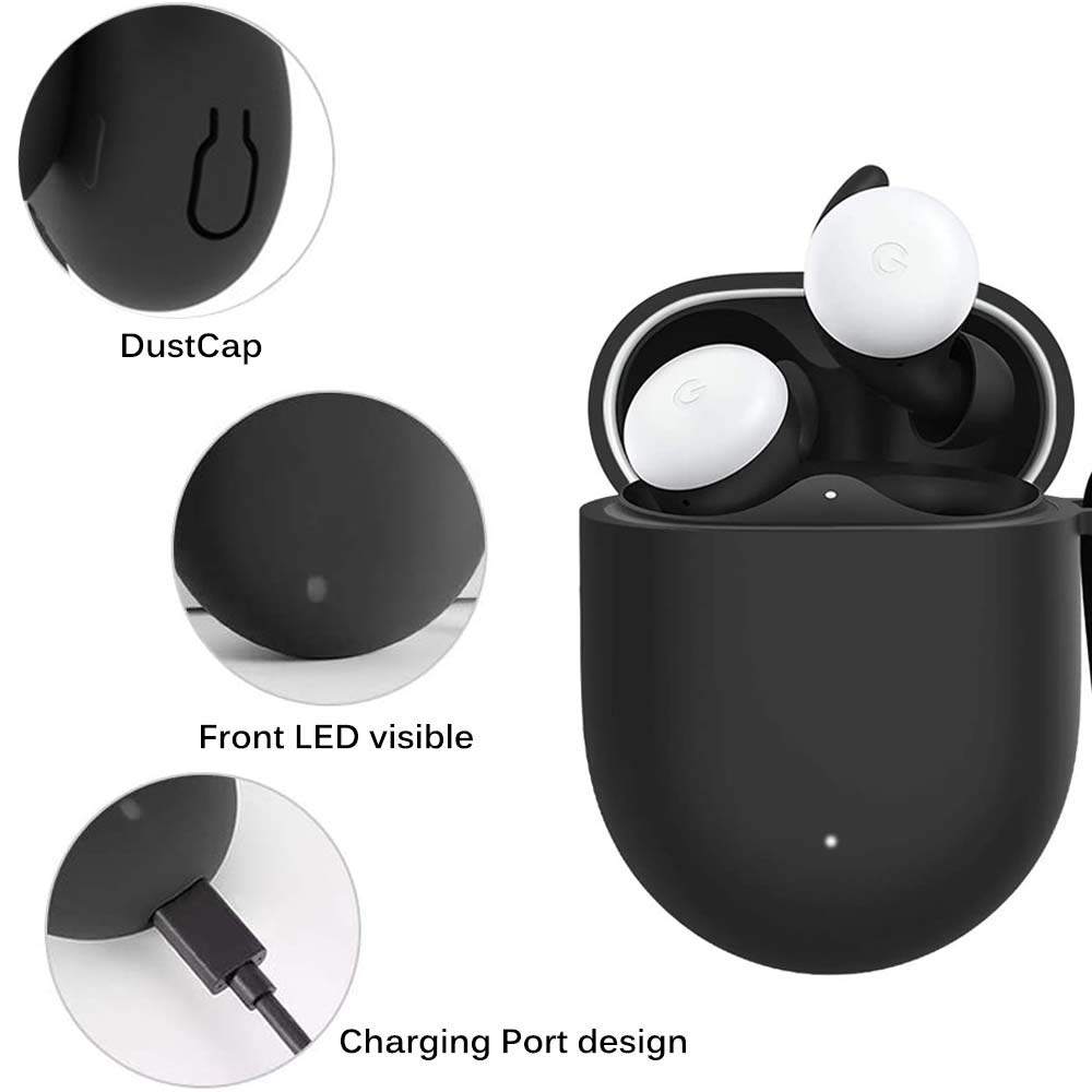 Compatible for Google Pixel Buds 2 Case Cover, [Front LED Visible] Keychain Silicone Protective Cover Case for Google Pixel Buds 2 (Black)
