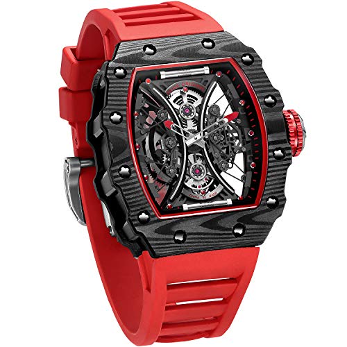FEICE Watches for Men Automatic Skeleton Watch Waterproof Sapphire Crystal Japanese Movement Mens Wristwatch with Carbon Fiber Strap Anti Shock Business Watch FM602 B_Red