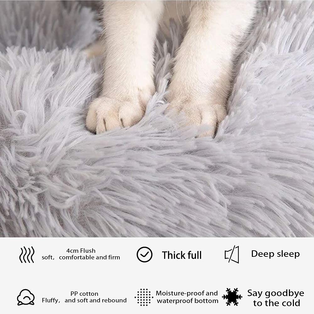 Gavenia Indoor Cat Bed, 20''x20'' Washable Donut, Soft Plush Pet Cushion, Waterproof Dog and Cat Bed for Sleep Improvement, Grey