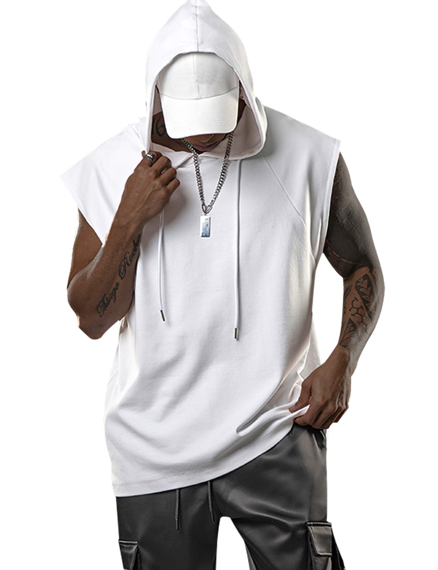 Aixdir Hoodie Tank Top Sleeveless Hoodie Workout Shirts for Men Gym Hoodies White