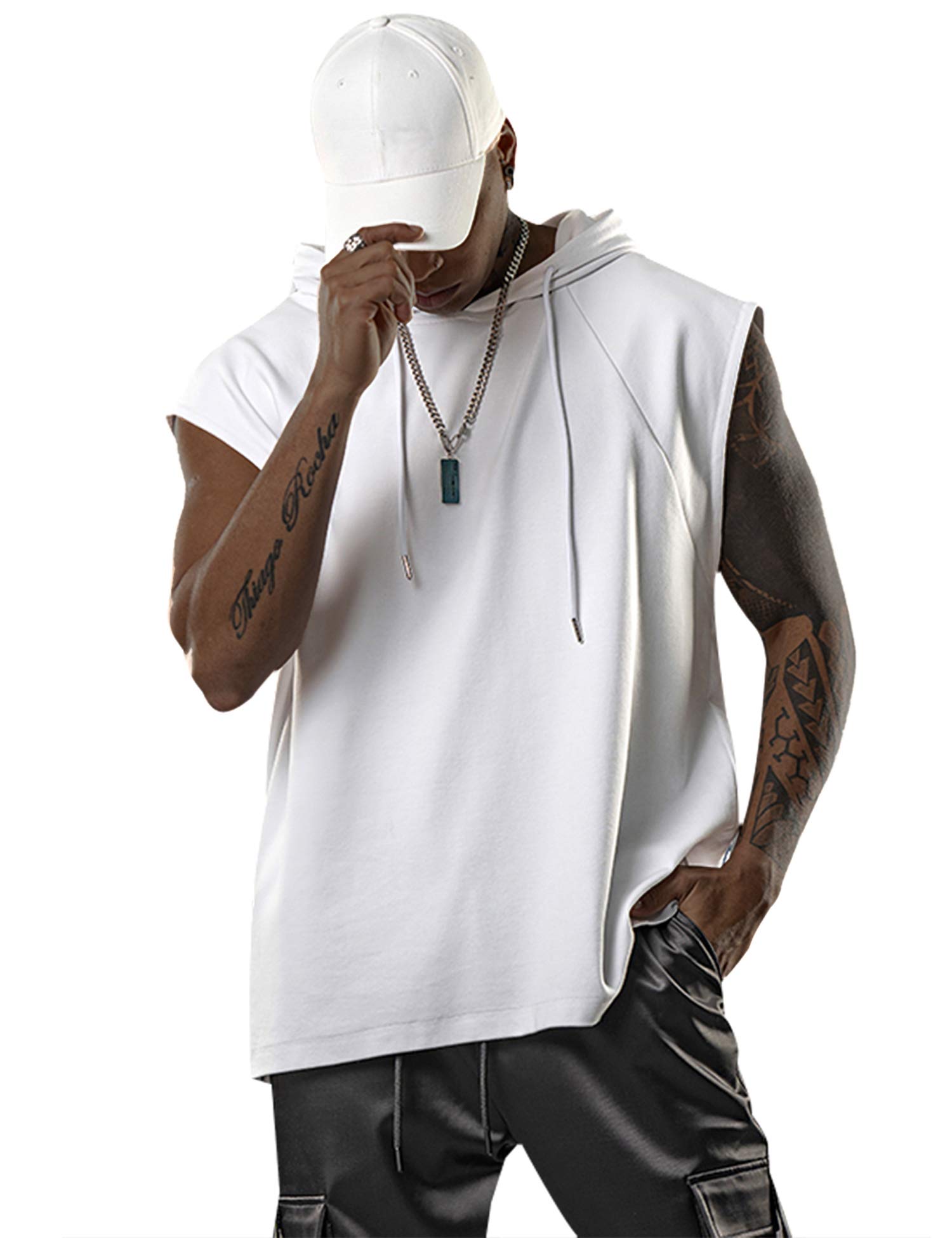 Aixdir Hoodie Tank Top Sleeveless Hoodie Workout Shirts for Men Gym Hoodies White