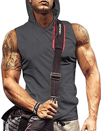 iWoo Mens Workout Hooded Tank Tops Sleeveless Gym Hoodies Shirts Dark Grey S