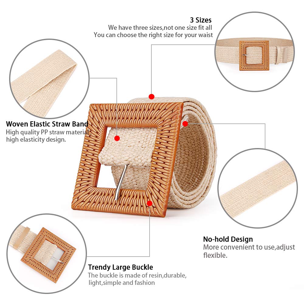 Women Belts For Dresses, Elastic Straw Rattan Waist Band With Large Buckle