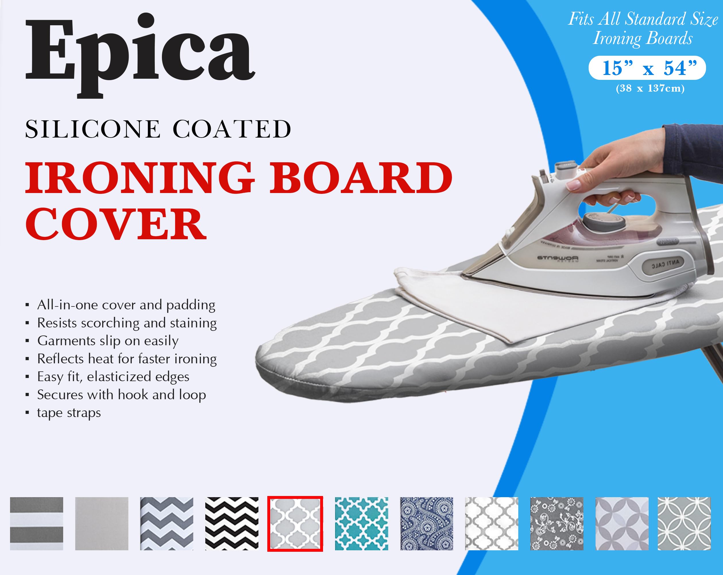Epica Ironing Board Cover and Pad - Standard Size 15x54 Padded Ironing Board Covers, Heat Reflective Coating, Scorch & Stain Resistant Iron Board Cover with Padding Grey & White Lattice