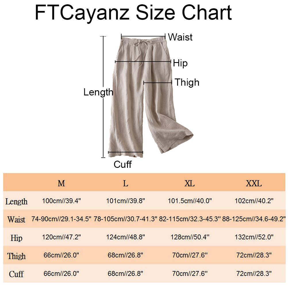 FTCayanz Women's Linen Cropped Wide Leg Pants Elastic Waist Casual Palazzo Trousers with Pockets Beige Medium