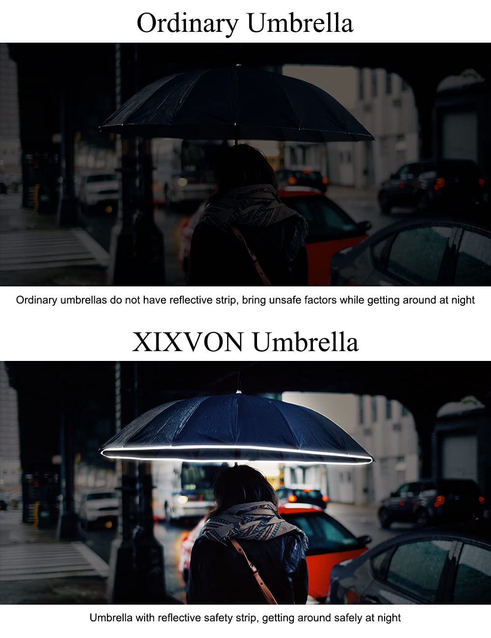 XIXVON UPF 50+ Reverse Folding Umbrella Travel Windproof 99% UV Protection Umbrellas With Reflective Safety Strip Black