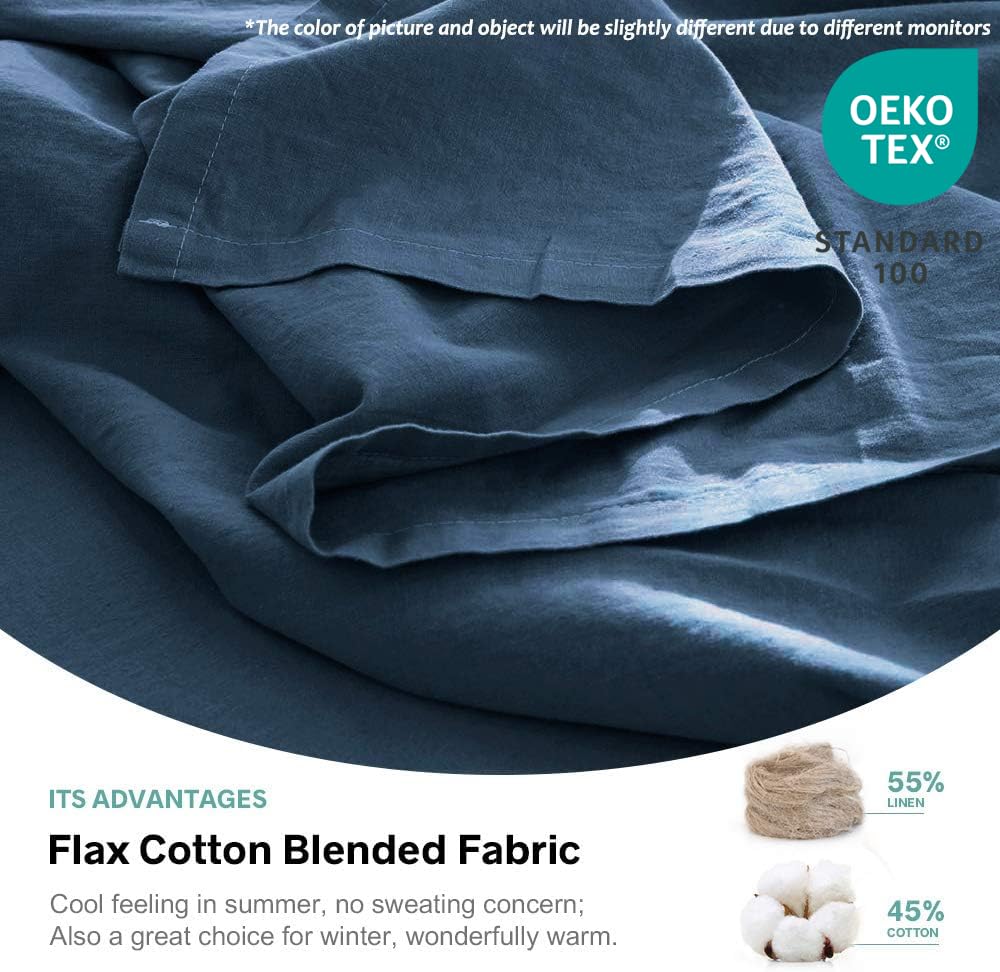 Simple&Opulence Belgian Linen Sheet Set Solid Color - 4 Pieces (1 Flat Sheet, 1 Fitted Sheet & 2 Pillowcases) Natural Flax Cotton Blend Soft Breathable Farmhouse Bedding - Queen Size, Classic Blue
