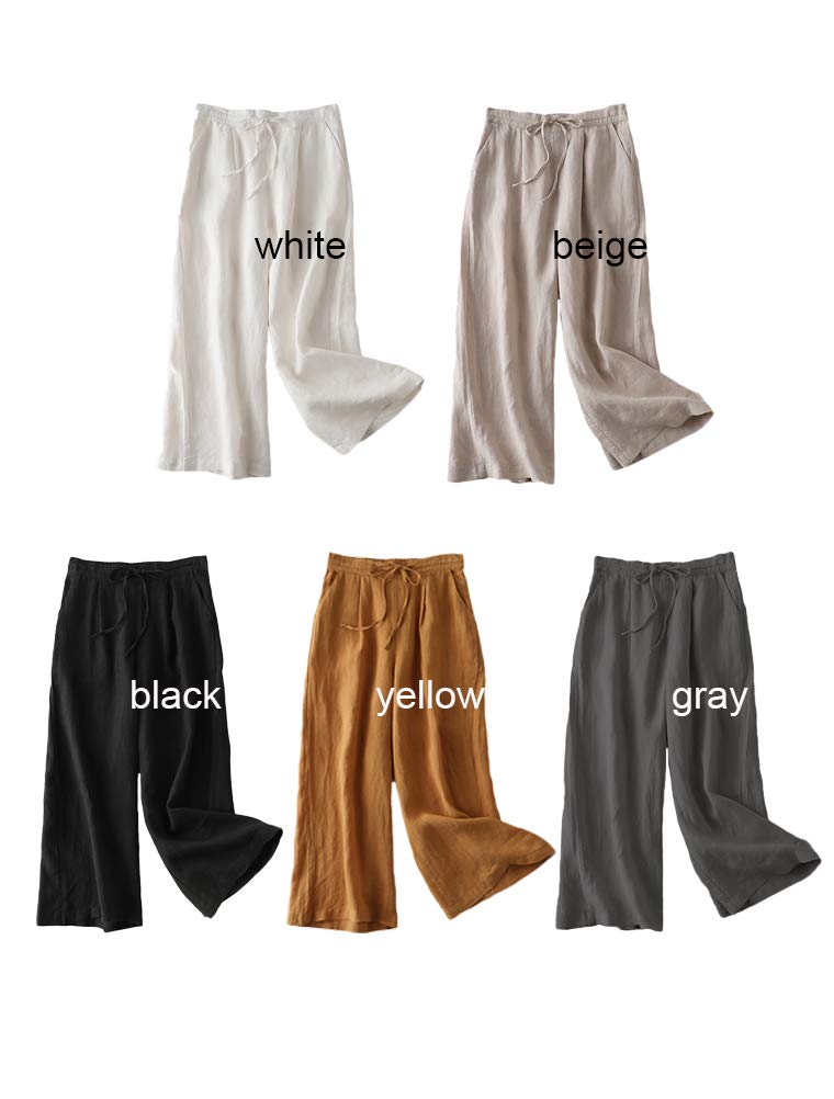 FTCayanz Women's Linen Cropped Wide Leg Pants Elastic Waist Casual Palazzo Trousers with Pockets Beige Medium