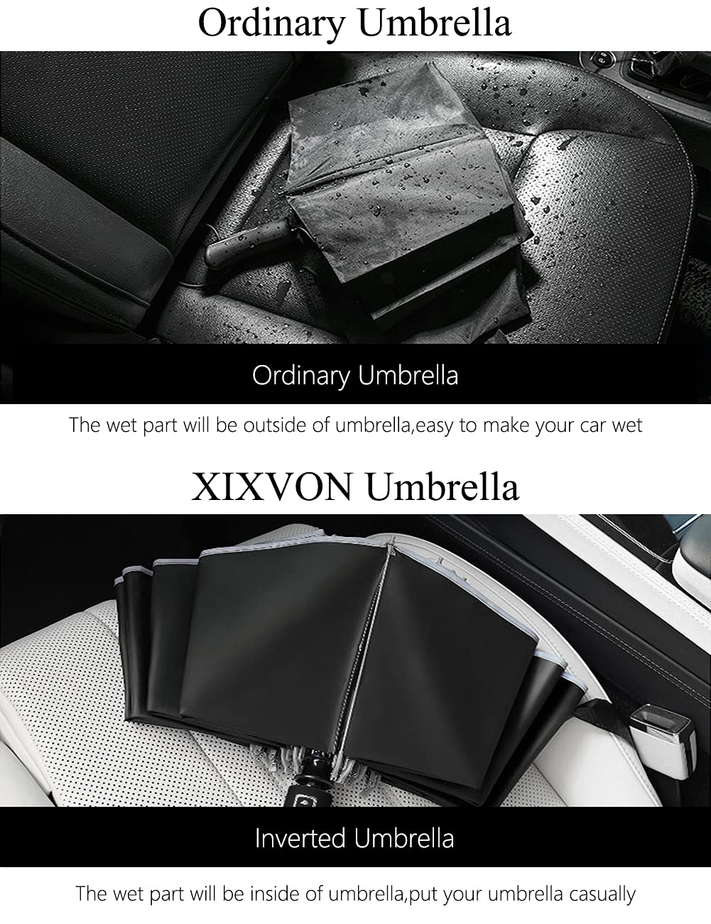 XIXVON UPF 50+ Reverse Folding Umbrella Travel Windproof 99% UV Protection Umbrellas With Reflective Safety Strip Black