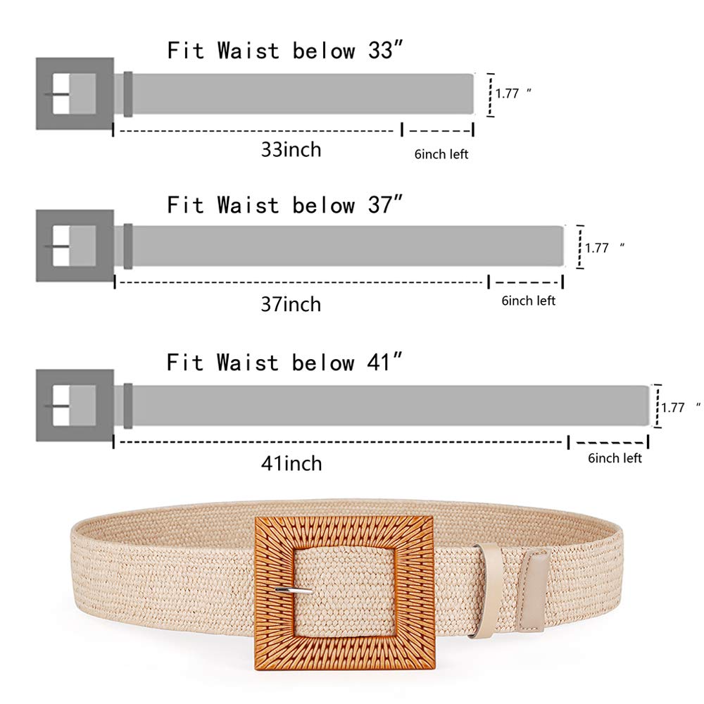 Women Belts For Dresses, Elastic Straw Rattan Waist Band With Large Buckle