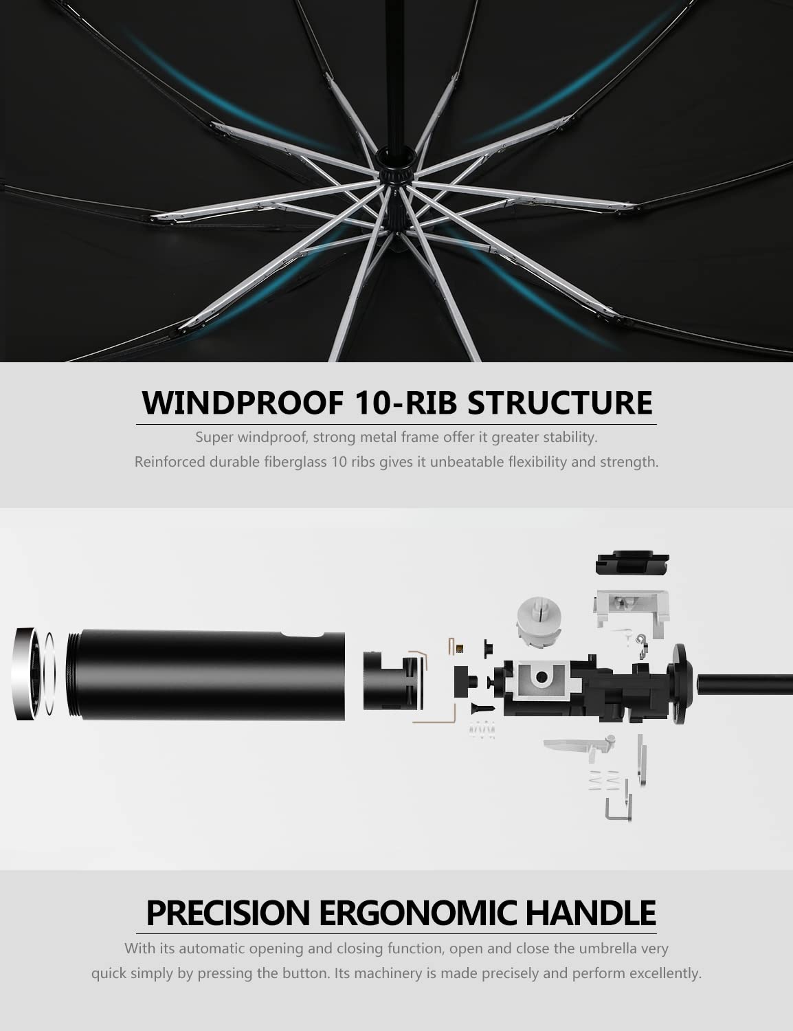XIXVON UPF 50+ Reverse Folding Umbrella Travel Windproof 99% UV Protection Umbrellas With Reflective Safety Strip Black