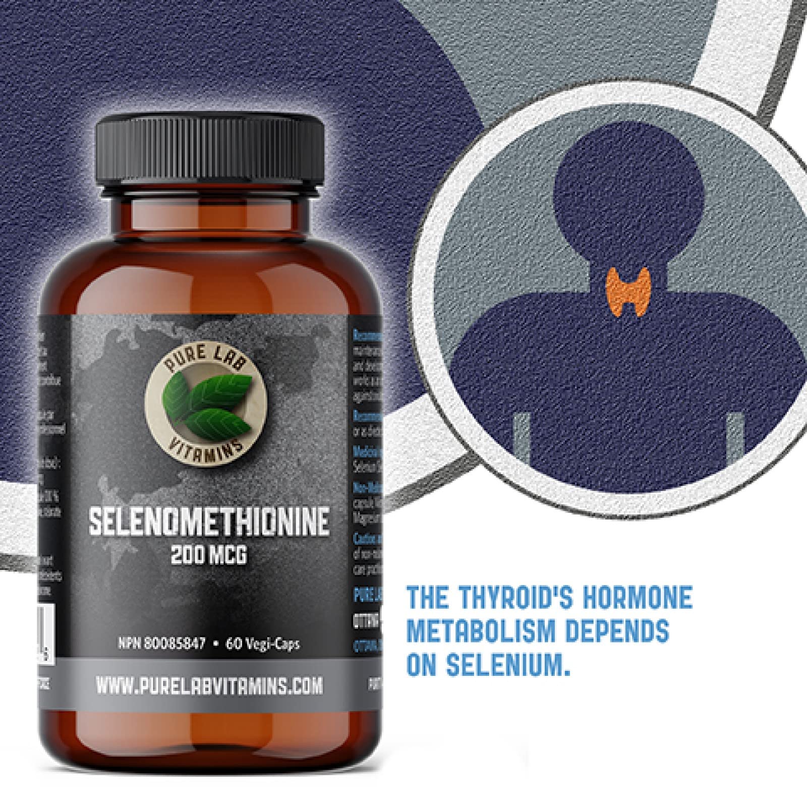 Selenium 200mcg Supplement - Selenomethionine - 60 v-caps by Pure Lab Vitamins - Gluten Free Made in Canada.