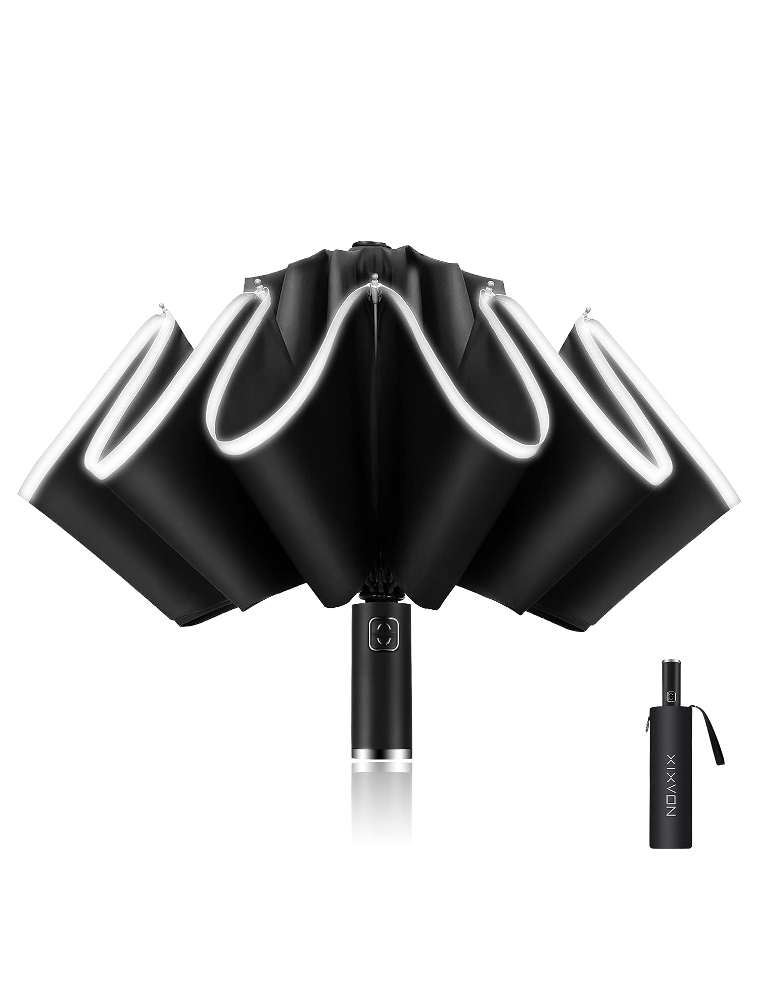 XIXVON UPF 50+ Reverse Folding Umbrella Travel Windproof 99% UV Protection Umbrellas With Reflective Safety Strip Black