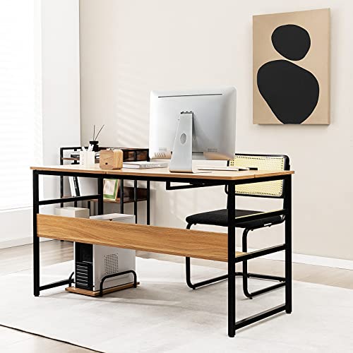 Tangkula 55-Inch Computer Desk, Drafting Table with Tiltable Desktop for Drawing Writing Reading Studying, Multifunctional Art Desk Craft Workstation with CPU Stand & Storage Shelf for Home Office