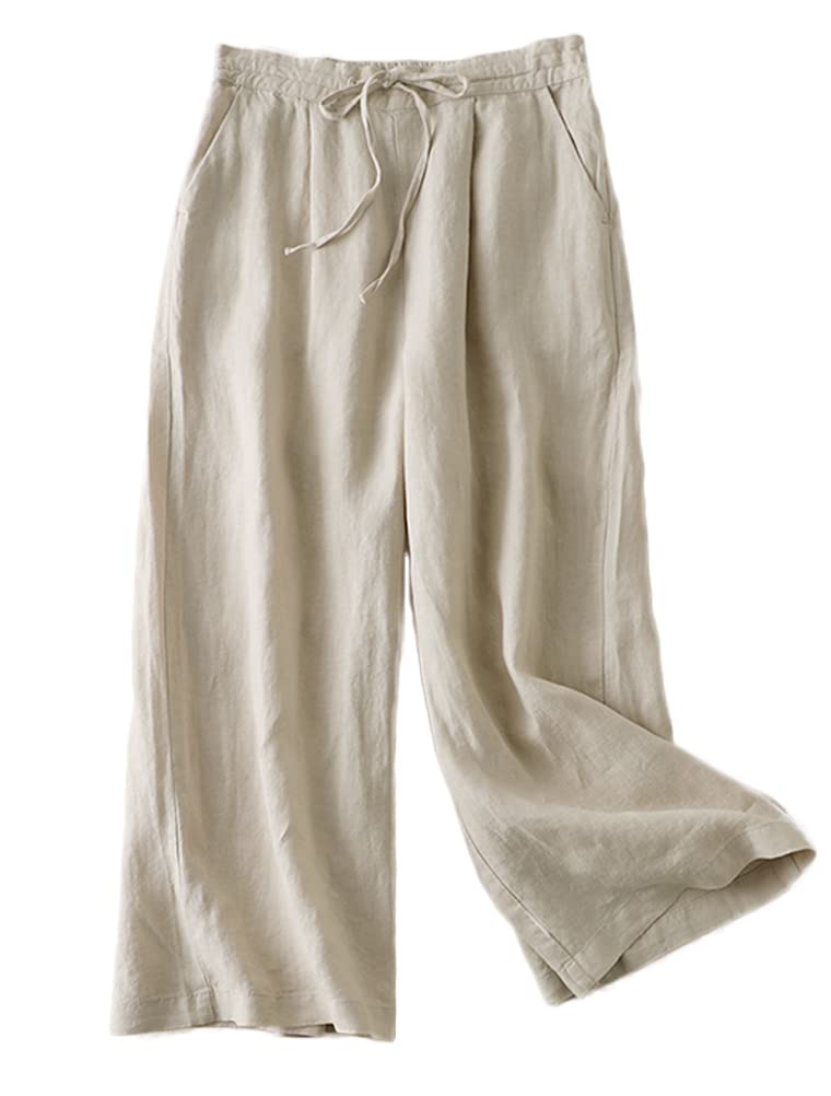 FTCayanz Women's Linen Cropped Wide Leg Pants Elastic Waist Casual Palazzo Trousers with Pockets Beige Medium