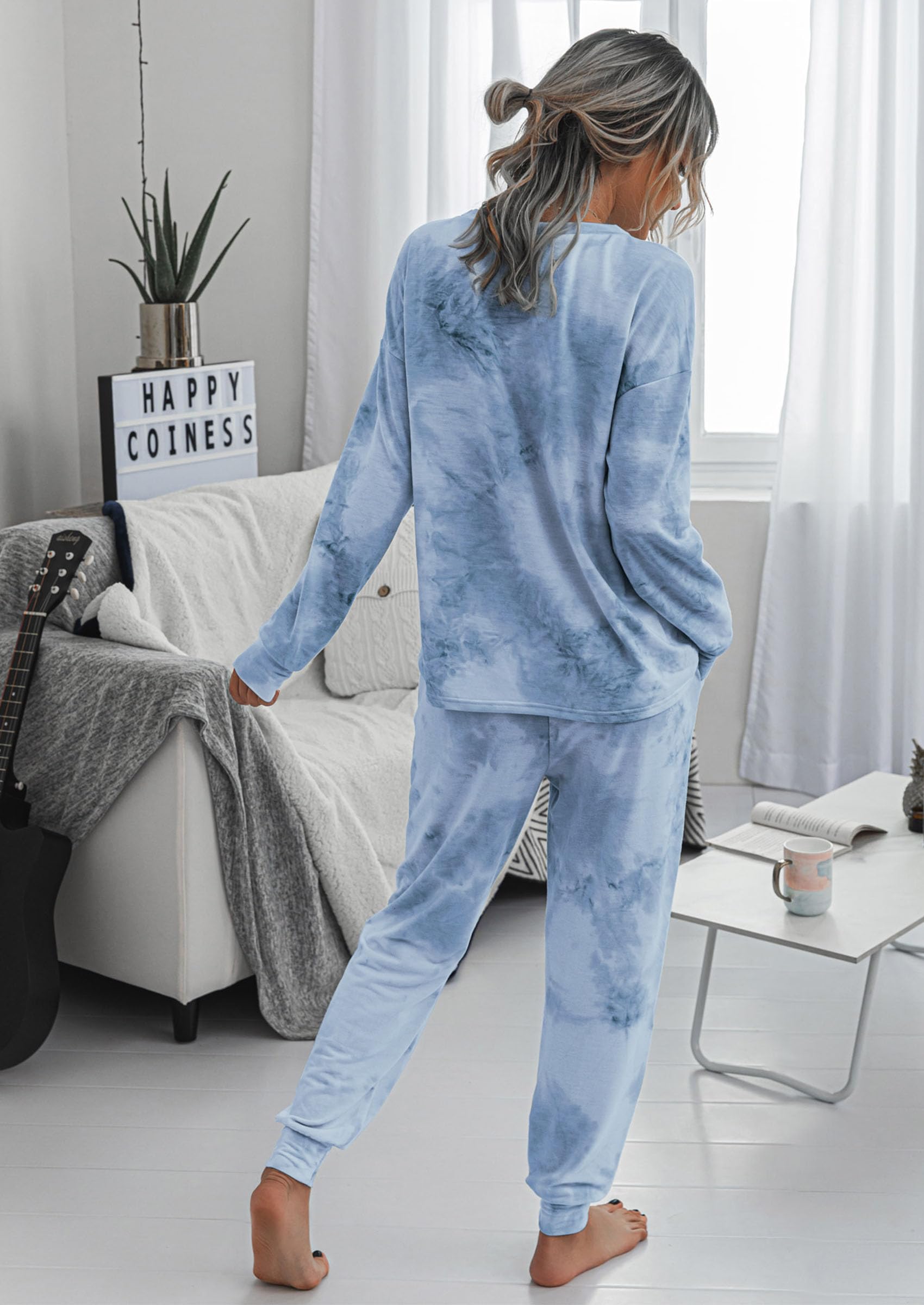 PRETTYGARDEN Women's Tie Dye Two Piece Pajamas Set Casual Long Sleeve Sweatshirt with Long Pants Loungewear (Grey,X-Large)