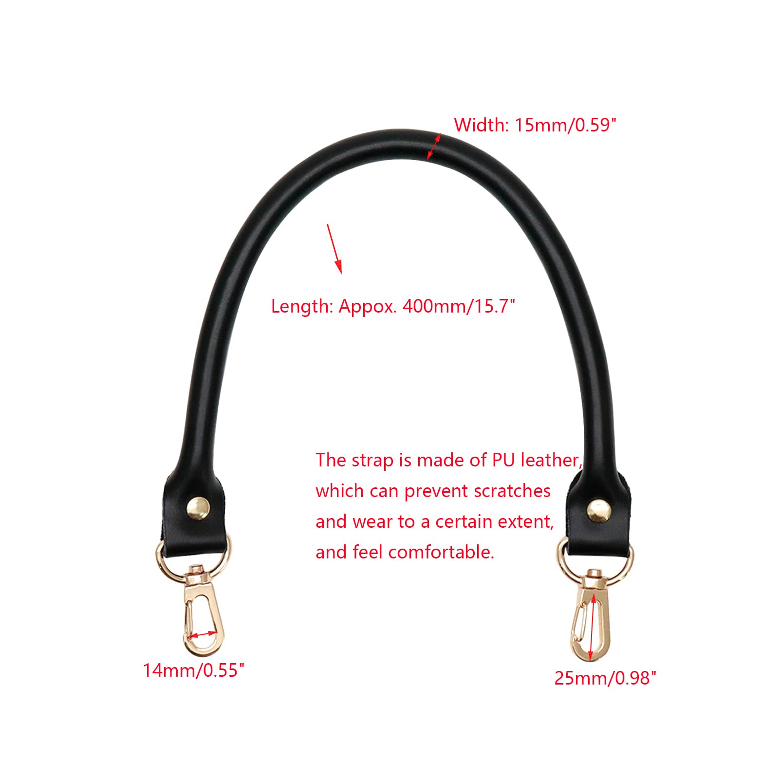 Semetall Black Purse Straps Replacement 2 Pack 40cm/15.7" Total Length PU Leather Handbag Handles Black Leather Purse Handles with Metal Button
