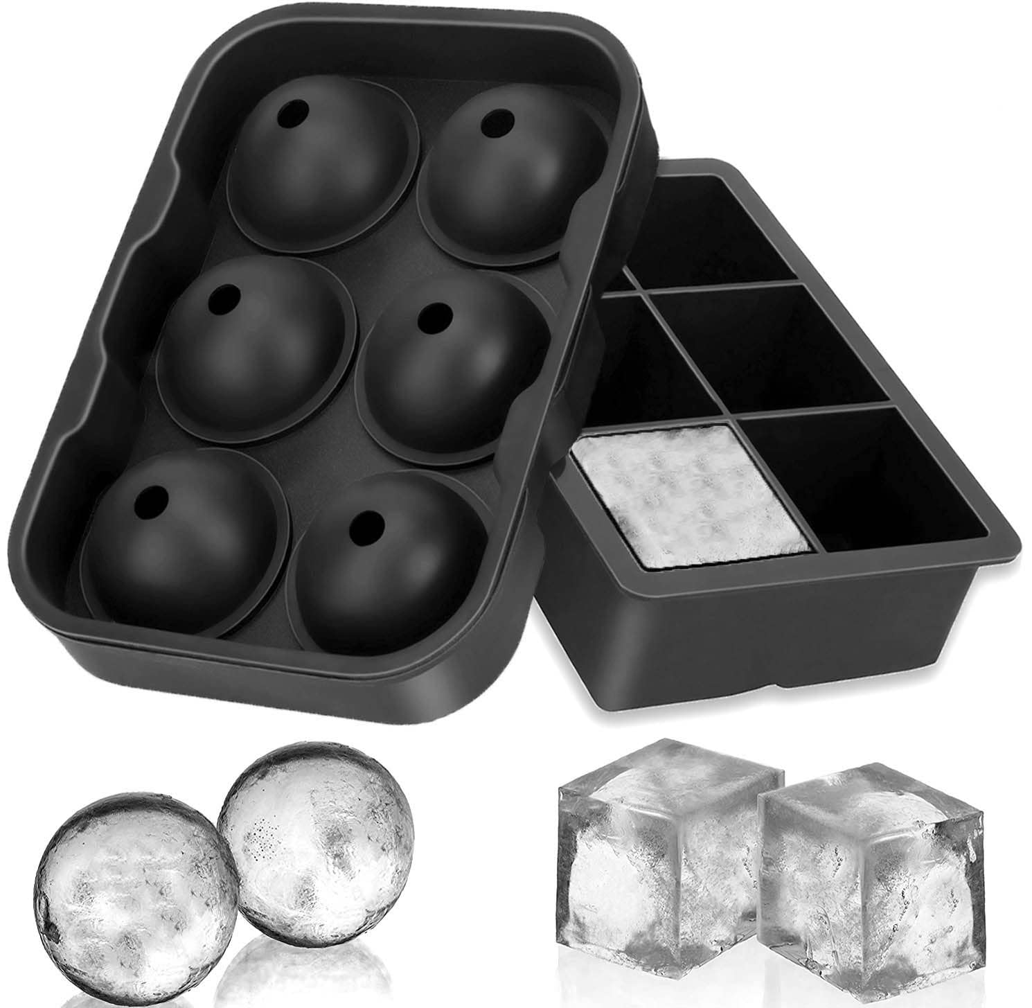 Ice Cube Trays Silicone Combo Mold - Set of 2, Sphere Ice Ball Maker with Lid & Large Square Molds, Reusable and BPA Free