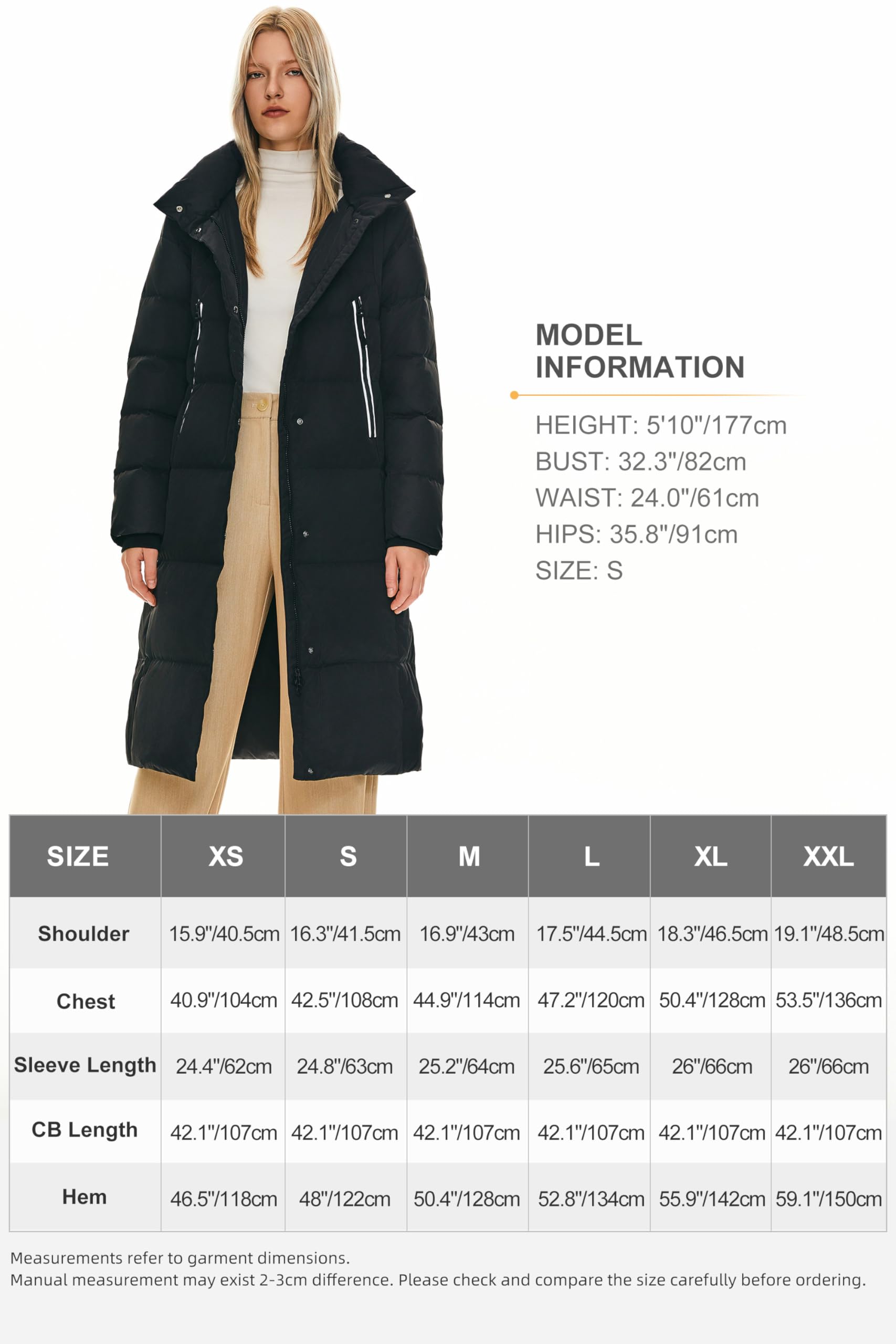 Orolay Women's Thickened Long Down Jacket Winter Down Coat Hooded Puffer Jacket with Side Zipper Pirate Black M