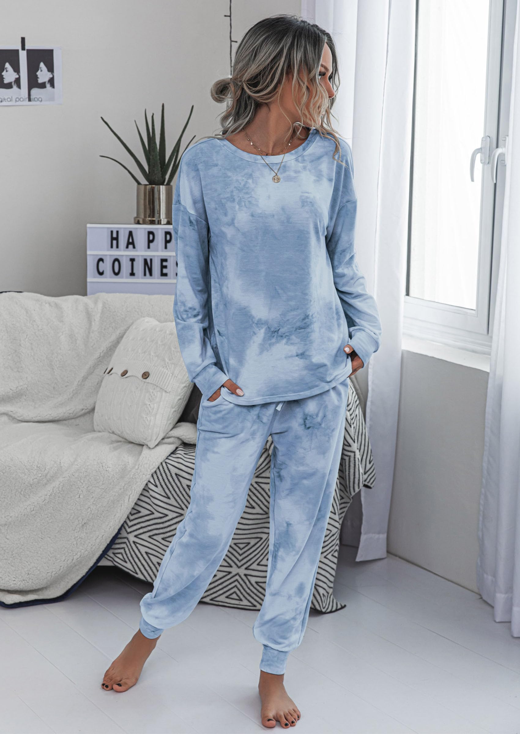 PRETTYGARDEN Women's Tie Dye Two Piece Pajamas Set Casual Long Sleeve Sweatshirt with Long Pants Loungewear (Grey,X-Large)