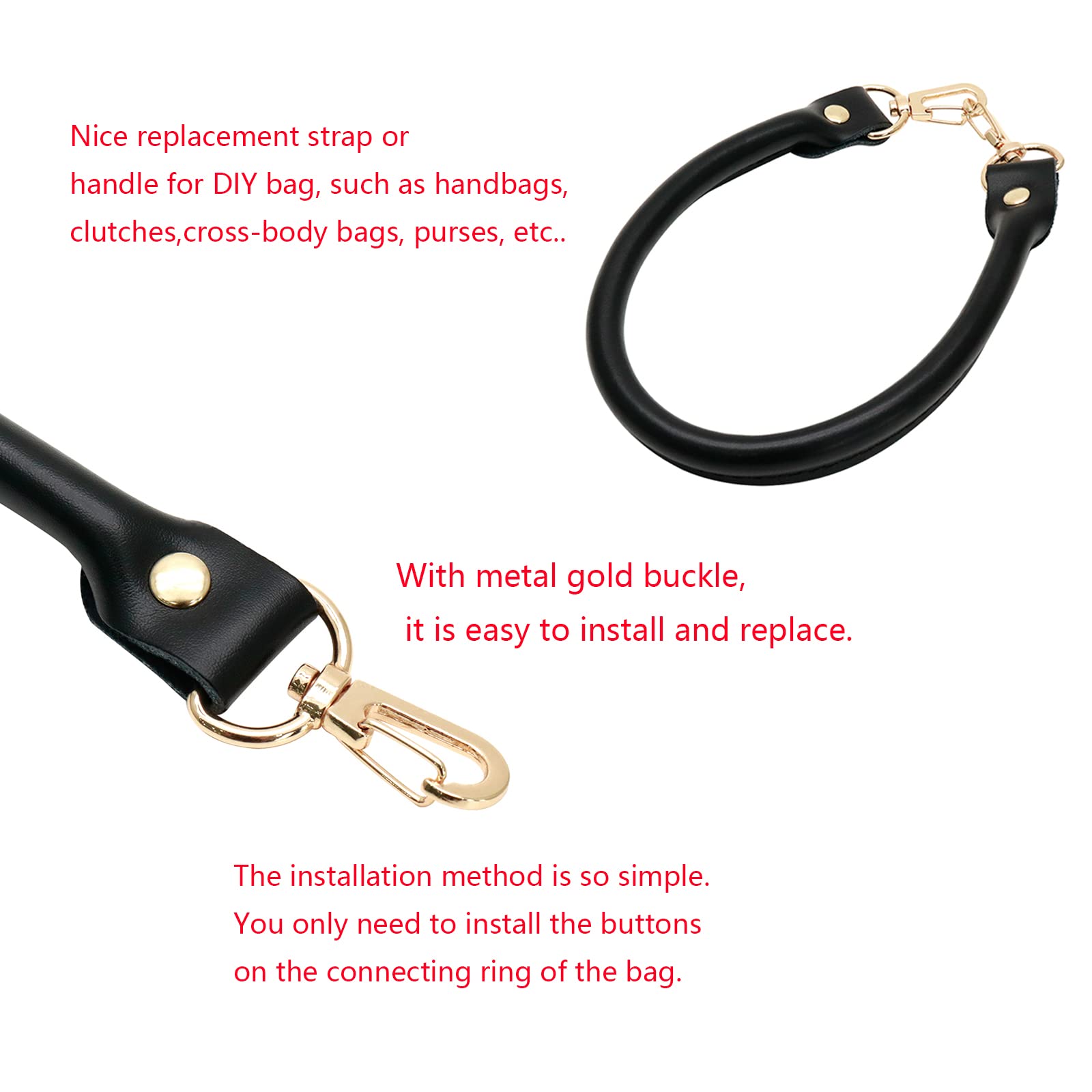 Semetall Black Purse Straps Replacement 2 Pack 40cm/15.7" Total Length PU Leather Handbag Handles Black Leather Purse Handles with Metal Button