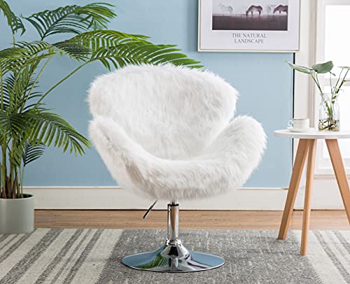 Kmax Faux Fur Accent Chair, Height Adjustable Plush Vanity Stool for Bedroom, Shaggy Dog Shell Chair for Dorm/Living Room, White