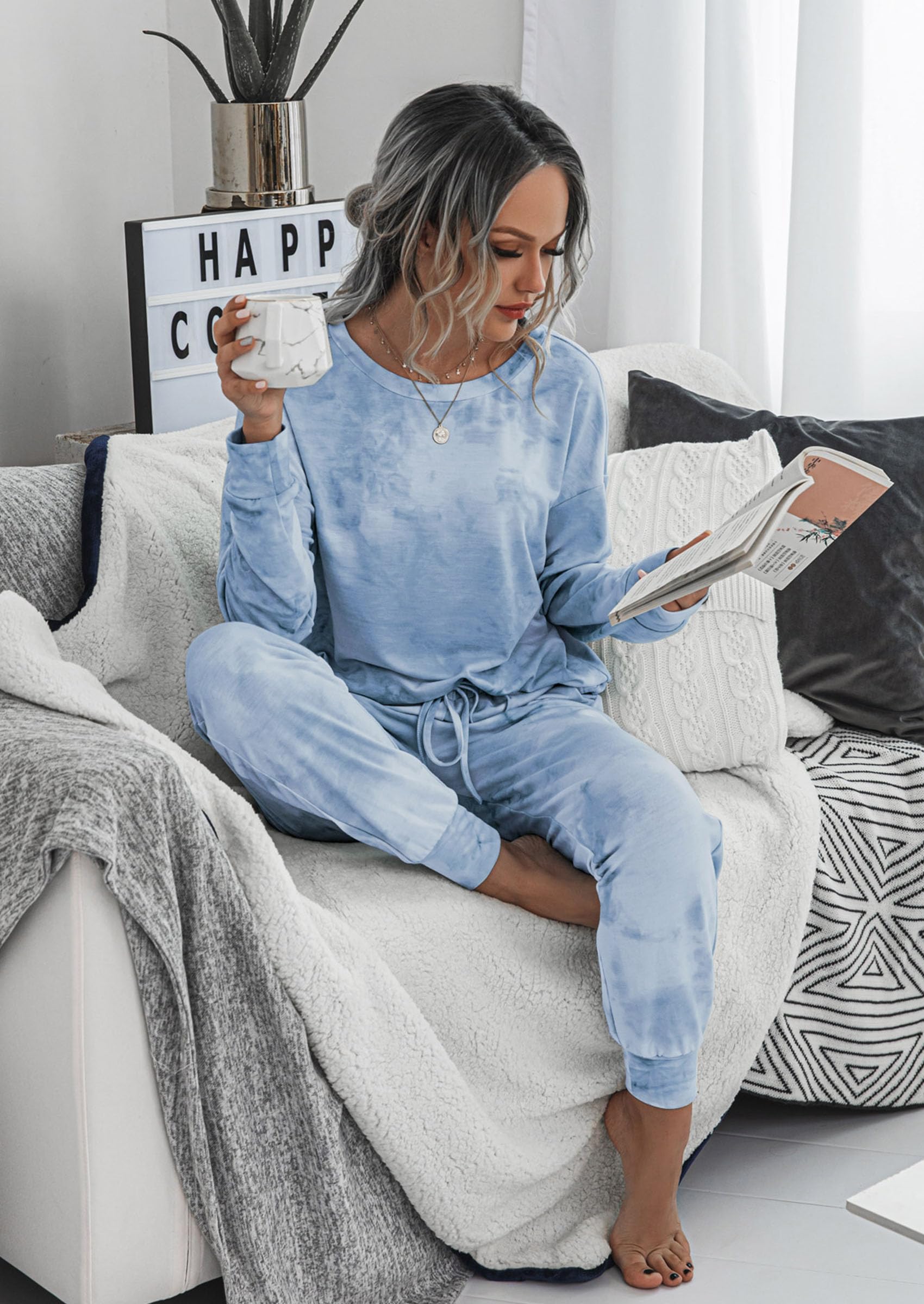 PRETTYGARDEN Women's Tie Dye Two Piece Pajamas Set Casual Long Sleeve Sweatshirt with Long Pants Loungewear (Grey,X-Large)