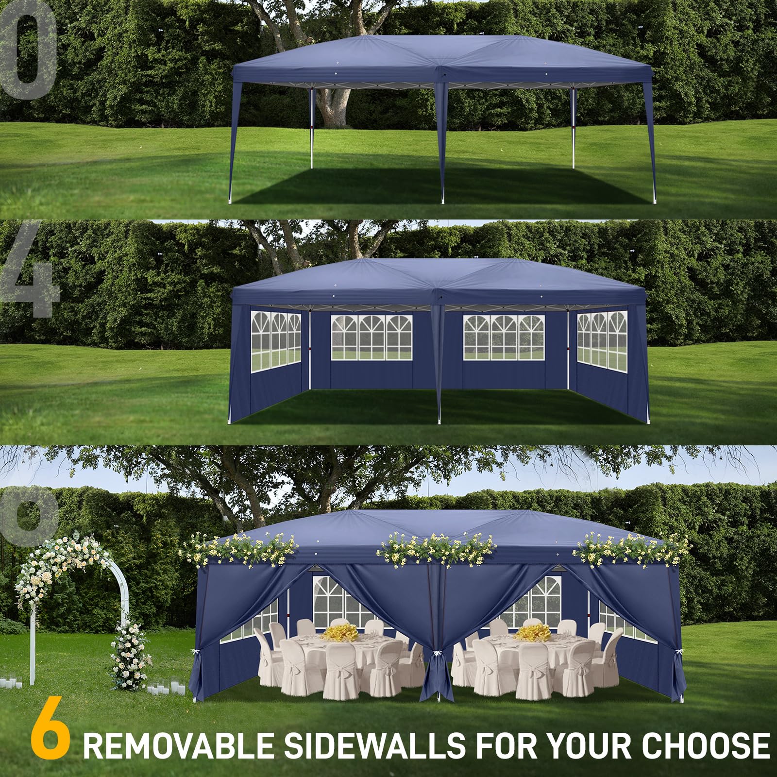 10x20 Ft Easy Pop up Canopy, Waterproof Party Tent, Adjustable Height Outdoor Gazebo w/ 6 Removable Sidewalls & 4 Windows for Patio Backyard Porch Garden Beach, Carry Bag Included (Blue)