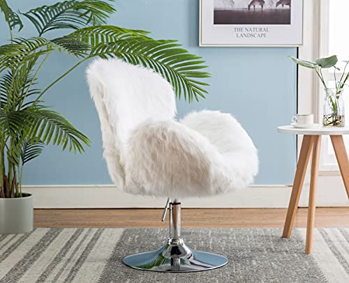 Kmax Faux Fur Accent Chair, Height Adjustable Plush Vanity Stool for Bedroom, Shaggy Dog Shell Chair for Dorm/Living Room, White