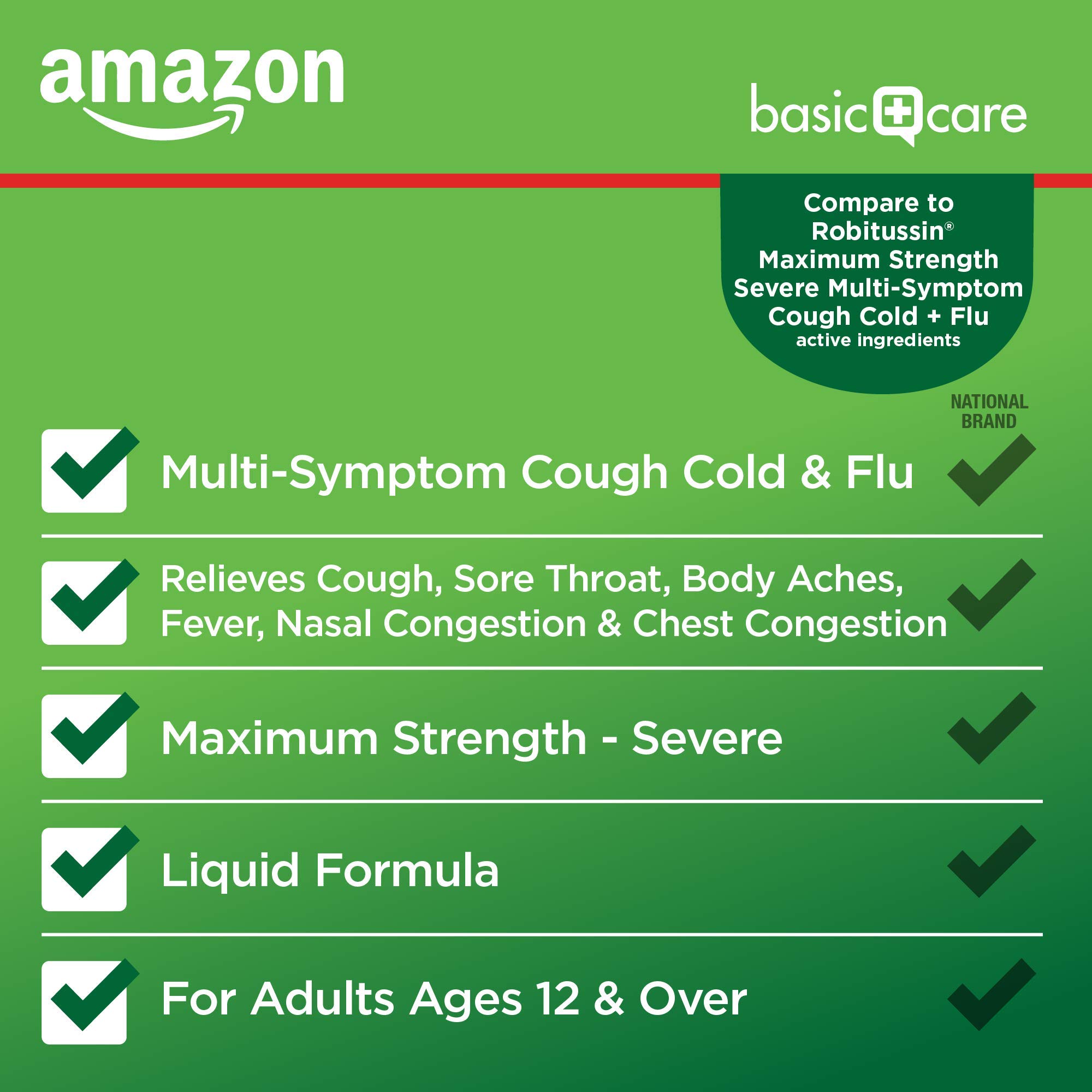 Amazon Basic Care Tussin Severe CF Max Syrup, Multi-Symptom Cough, Cold and Flu Liquid Medicine, Non-Drowsy, Relieves Cough, Sore Throat, Body Aches, Fever, Nasal and Chest Congestion, 8 fl oz