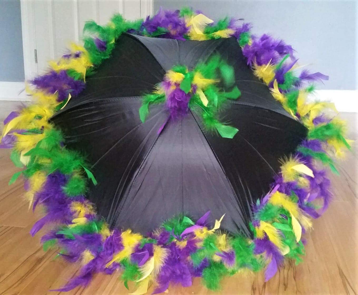 New Orleans Mardi Gras Purple Second Line Parasol Umbrella with Purple, Green, Yellow Feather Accent