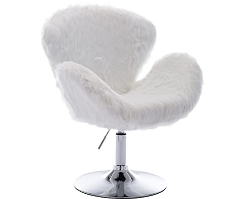 Kmax Faux Fur Accent Chair, Height Adjustable Plush Vanity Stool for Bedroom, Shaggy Dog Shell Chair for Dorm/Living Room, White