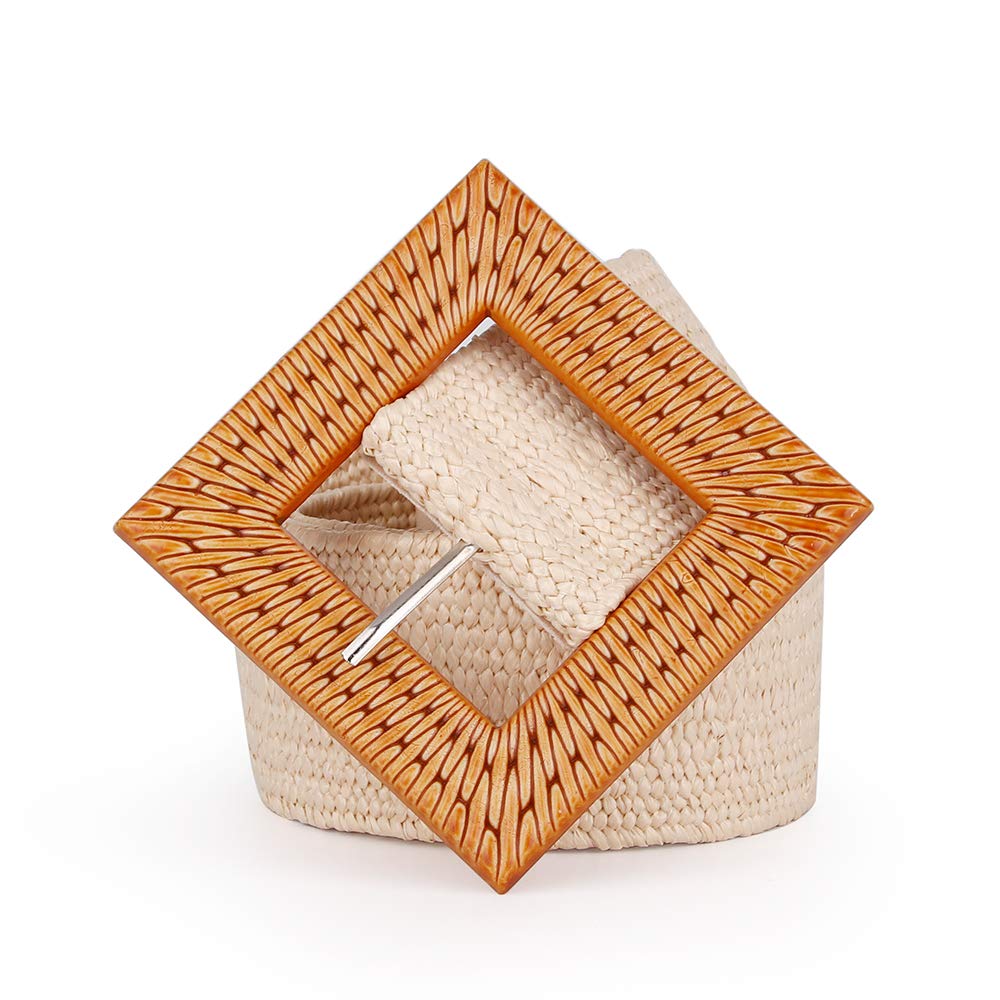 Women Belts For Dresses, Elastic Straw Rattan Waist Band With Large Buckle