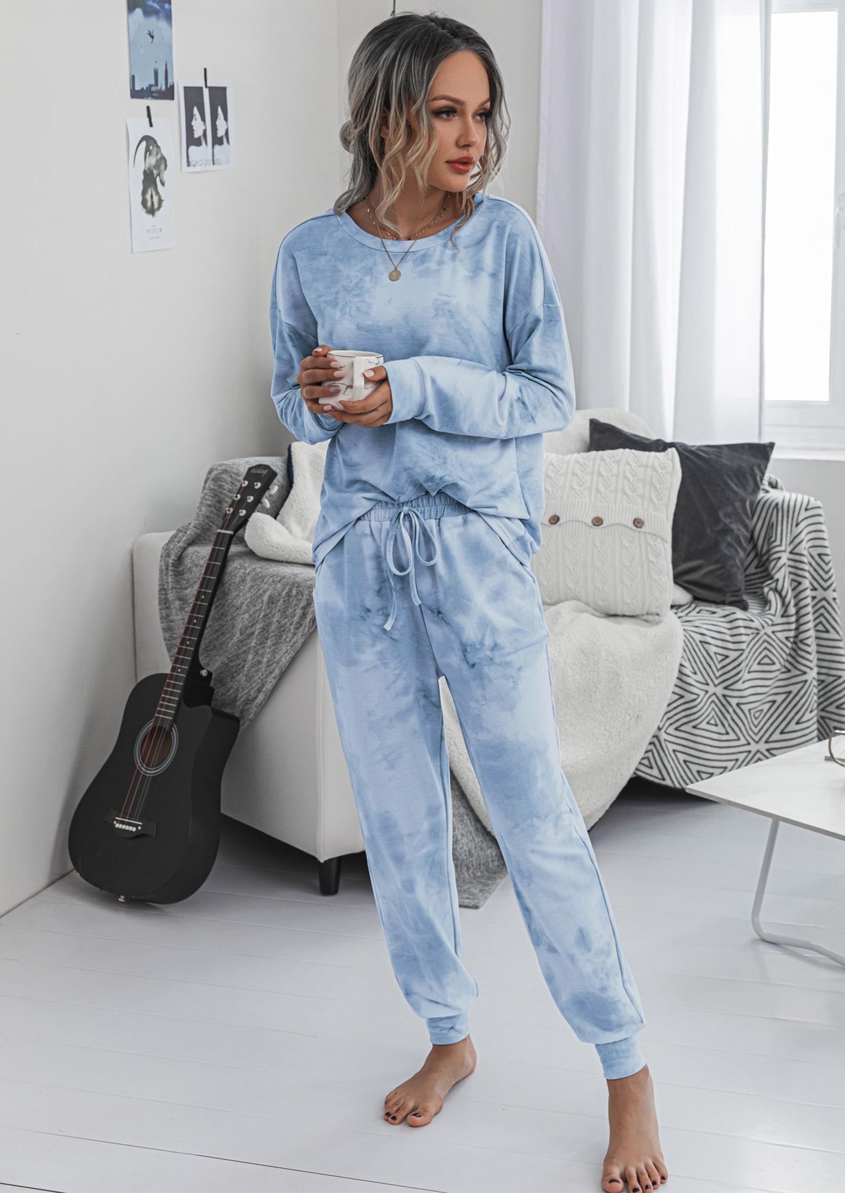 PRETTYGARDEN Women's Tie Dye Two Piece Pajamas Set Casual Long Sleeve Sweatshirt with Long Pants Loungewear (Grey,X-Large)