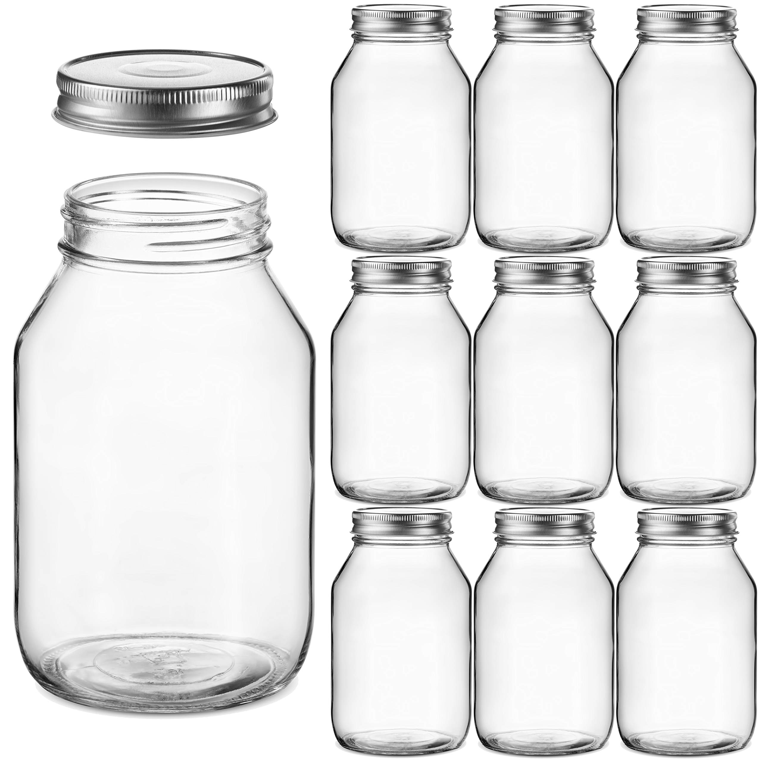 Glass Regular Mouth Mason Jars, Glass Jars with Silver Metal Airtight Lids for Meal Prep, Food Storage, Canning, Drinking, Overnight Oats, Jelly, Dry Food, Spices, Salads, Yogurt (10 Pack) (32 Ounce)