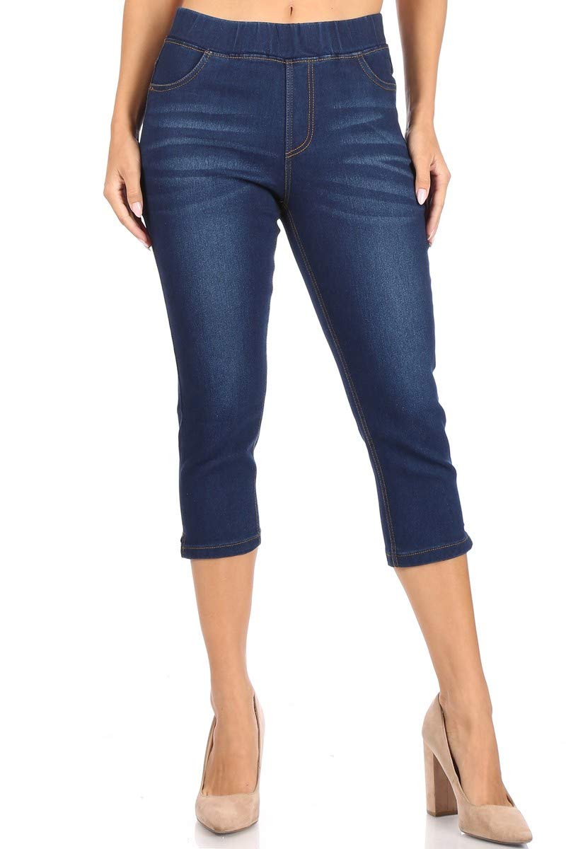 Jvini Women's Pull-On Stretchy Skinny Crop Denim Jeggings (XXX-Large, Capri- Dark Denim)